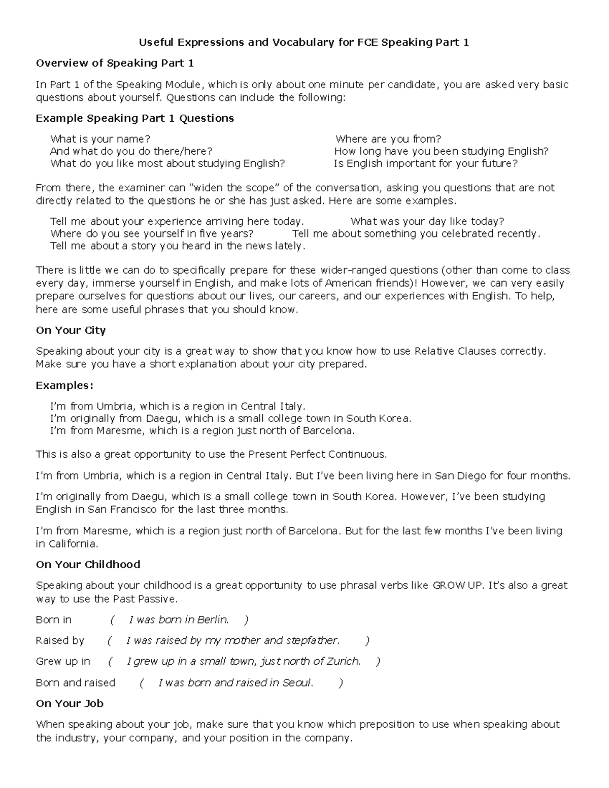 Useful Expressions for FCE Speaking Part 1: Vocabulary Guide - Studocu