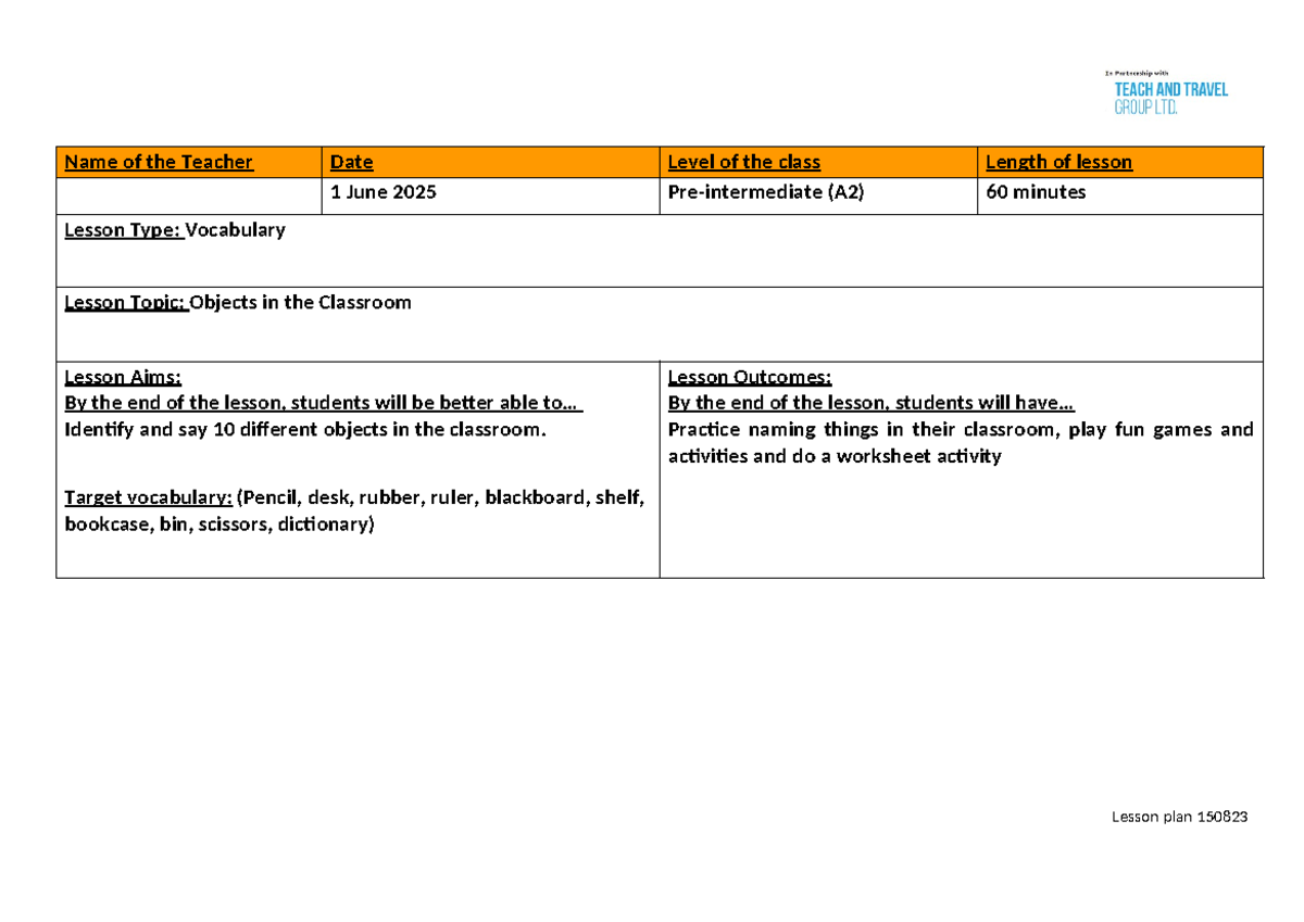 A2 Vocabulary Lesson Plan: Classroom Objects (Lesson Plan 150823) - Studocu