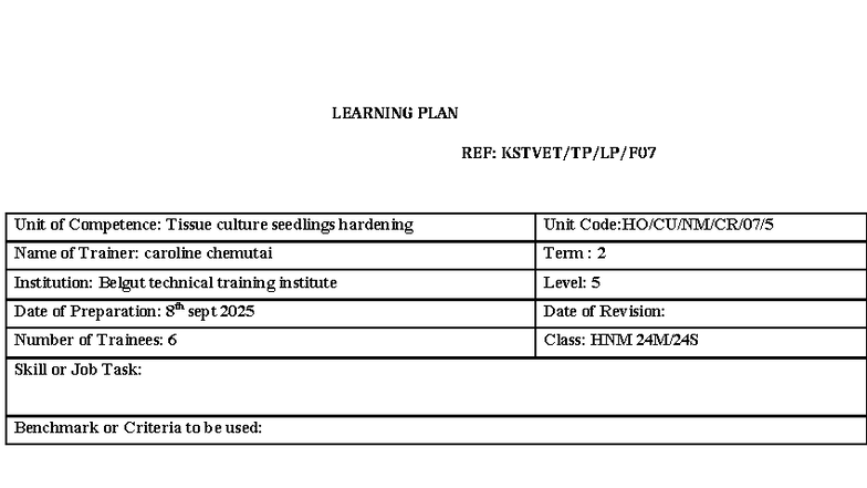 TC Learning Plan: Tissue Culture Seedlings Hardening Unit - Studocu