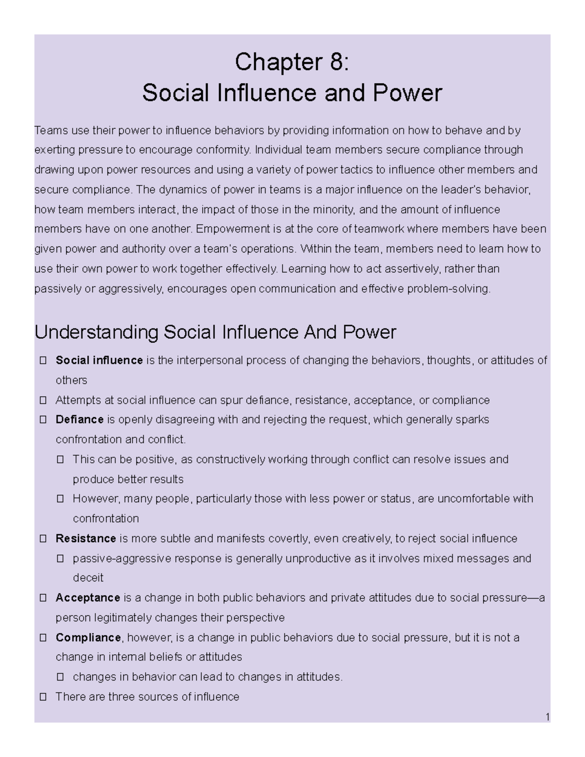 Chapter 8: Understanding Social Influence & Power Dynamics in Teams - Studocu