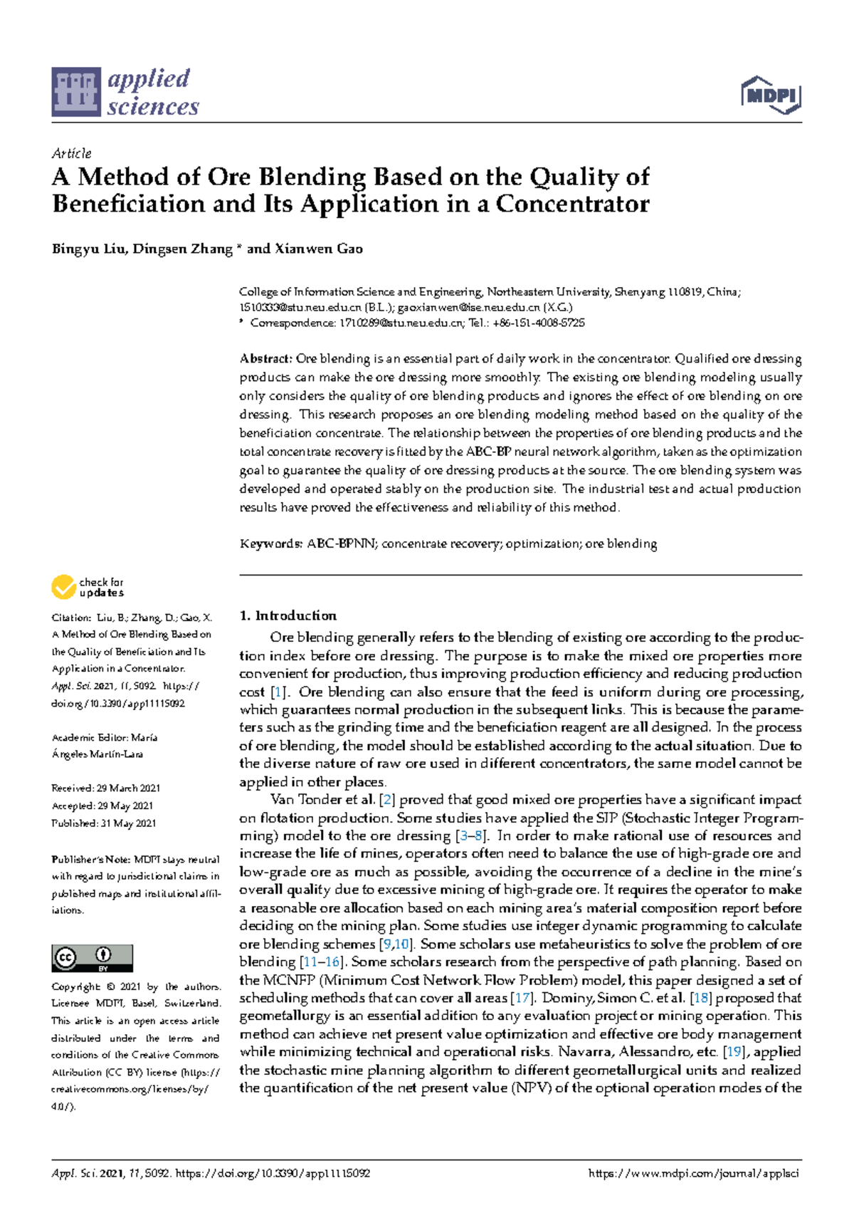 A Method of Ore Blending Based on Quality in Appl. Sci. 2021 - Studocu