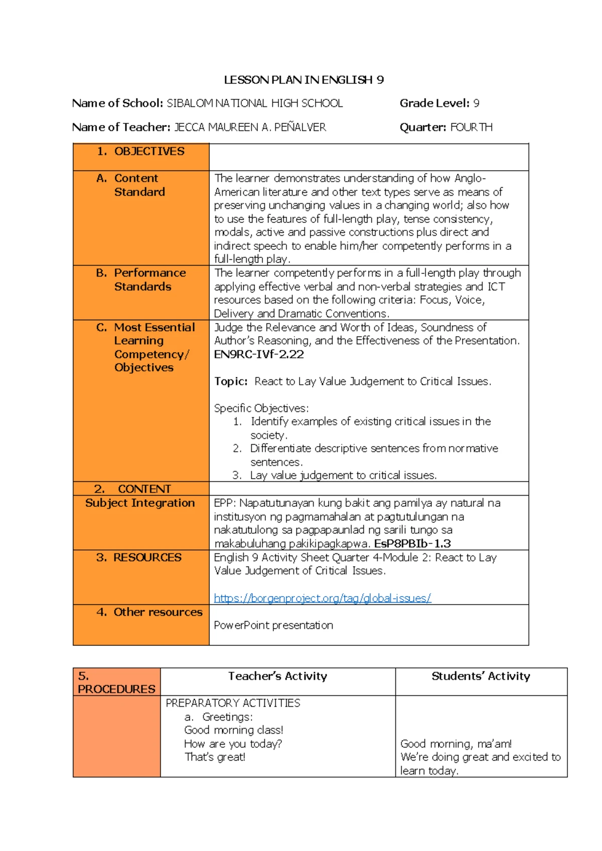 Q4 LE English 7 Exemplar Lesson 1: Matatag K to 10 Curriculum ...