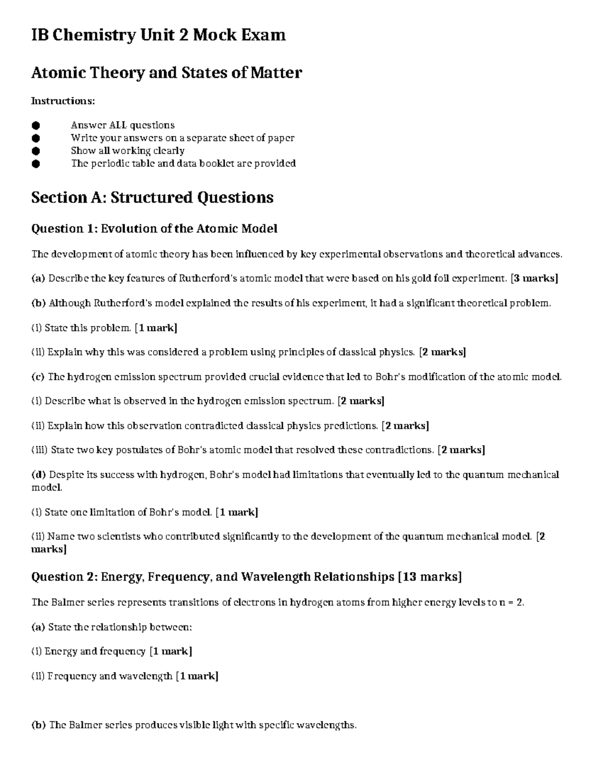IB Chemistry Unit 2 Mock Exam: Atomic Theory & States of Matter - Studocu