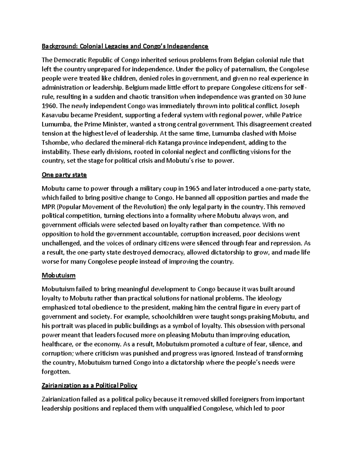 History Notes: Colonial Legacies and Independence in DRC (HIST 101 ...