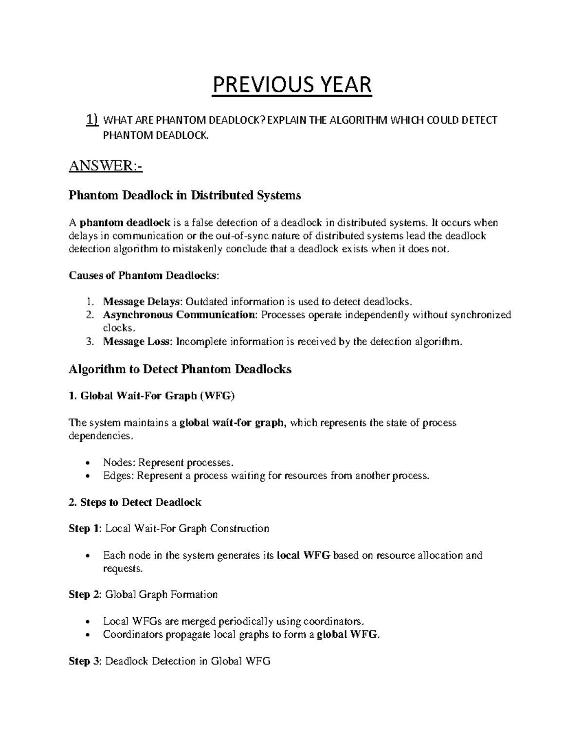 Previous YEAR - PREVIOUS YEAR 1) WHAT ARE PHANTOM DEADLOCK? EXPLAIN THE ...