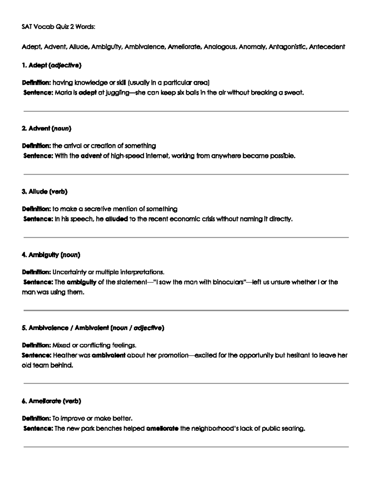SAT Vocab Quiz 2: Key Terms and Definitions - Studocu