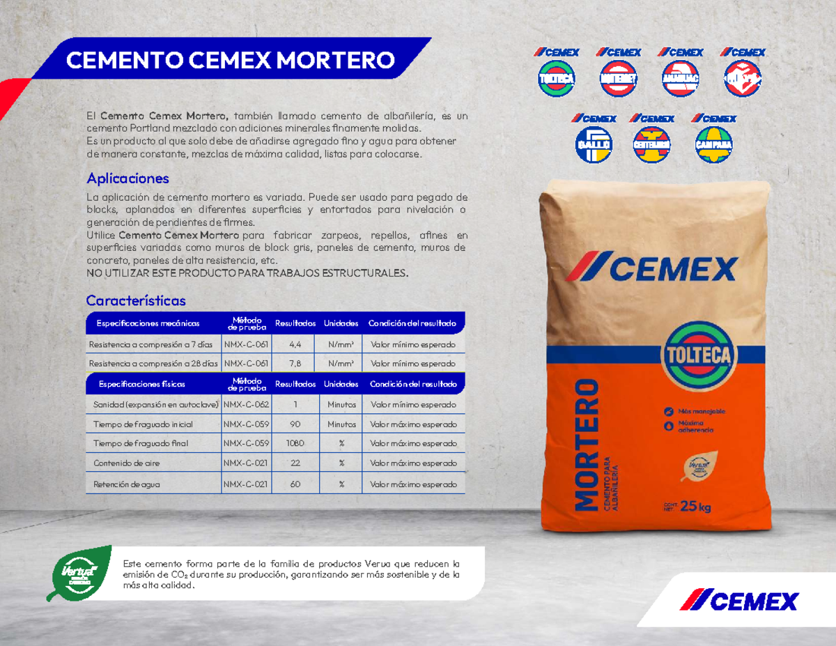 Fichas Técnicas del Cemento Cemex Mortero 25 Kg: Usos y ...