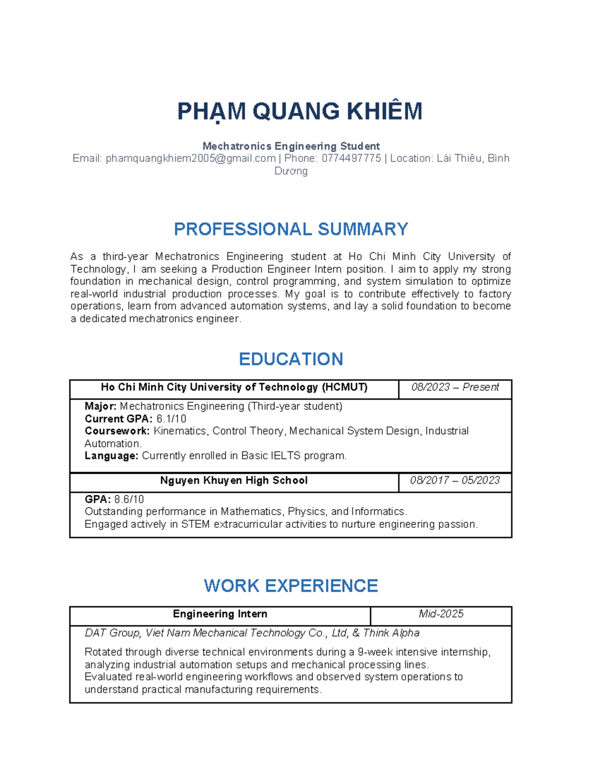 CV for Mechatronics Engineering Student - PHẠM QUANG KHIÊM - Studocu