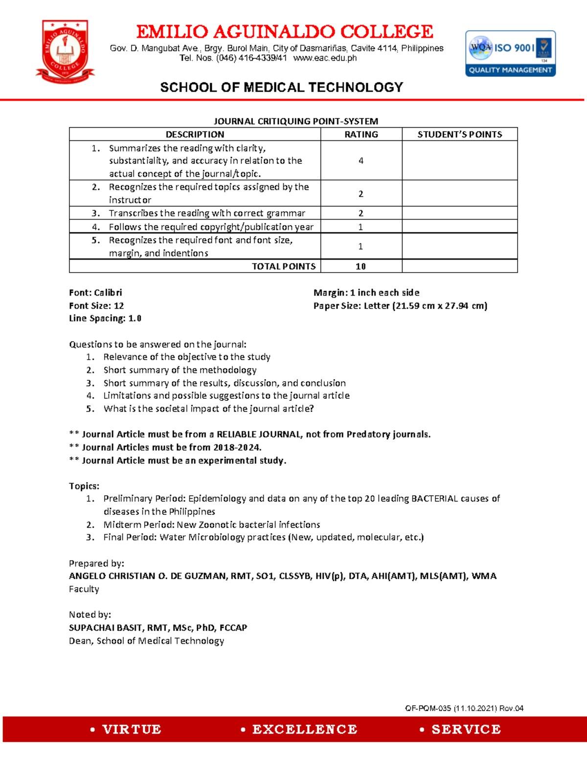 Journal Critiquing Guidelines - SCHOOL OF MEDICAL TECHNOLOGY EMILIO ...