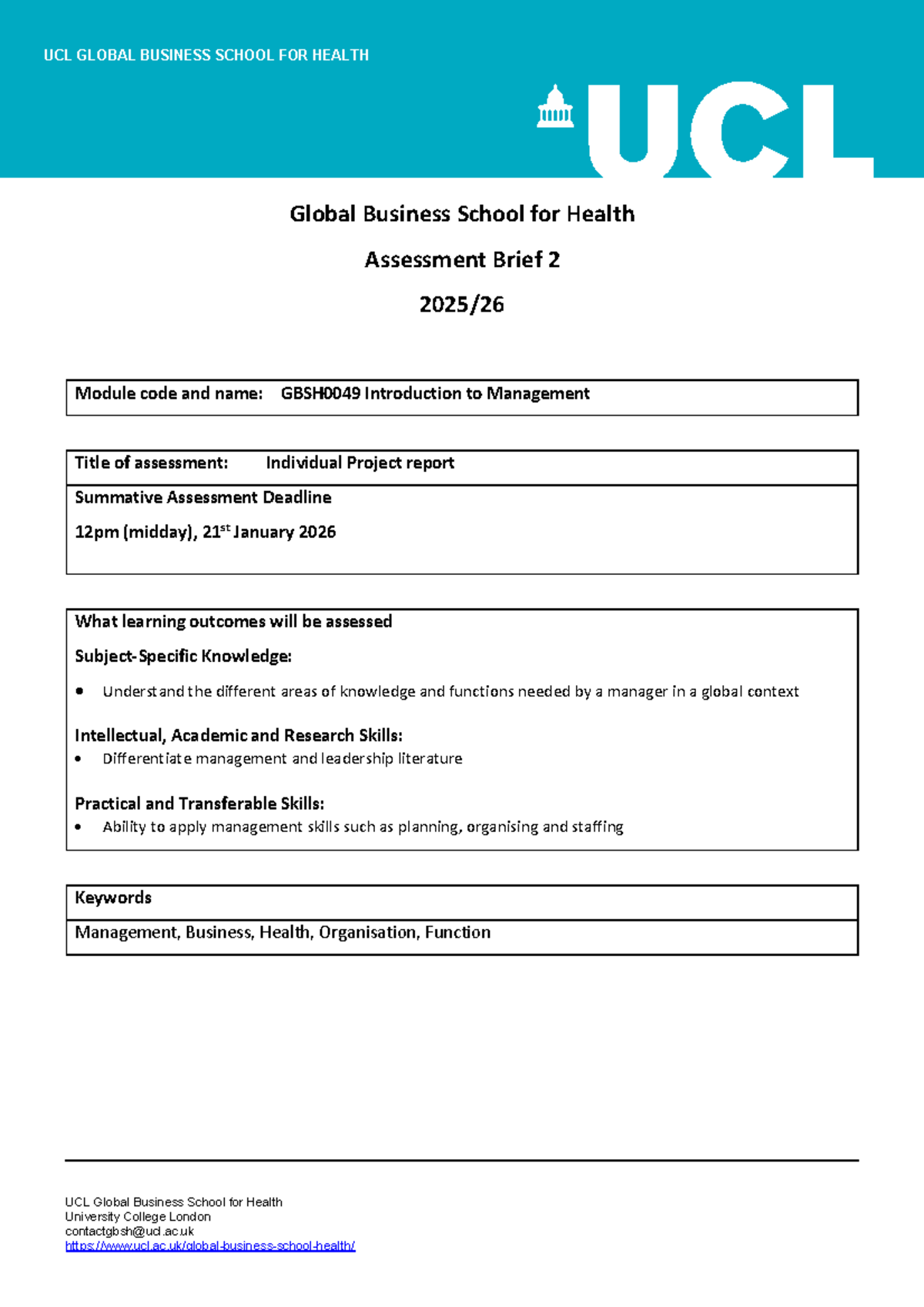 Assessment Brief 2: Individual Project Report for GBSH0049 - Studocu