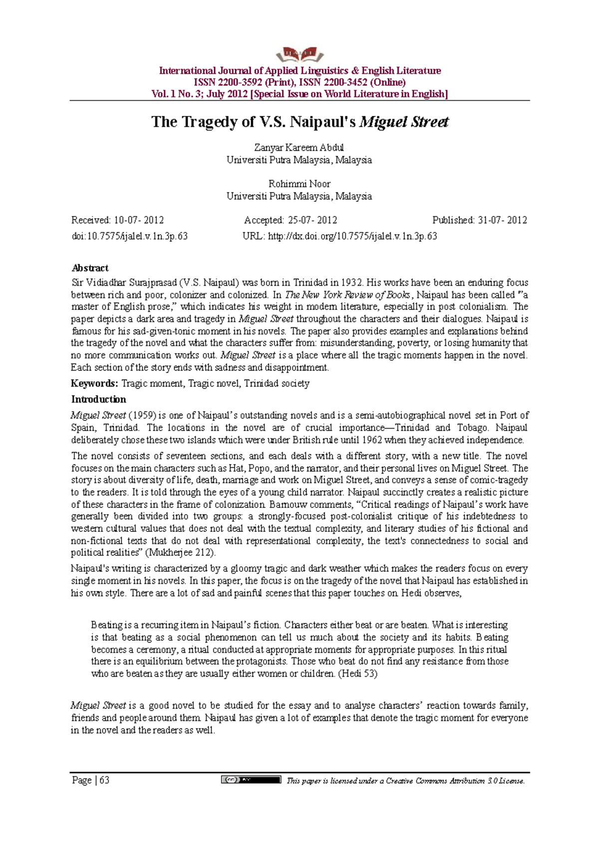 The Tragedy of V.S. Naipaul's *Miguel Street*: A Critical Analysis ...