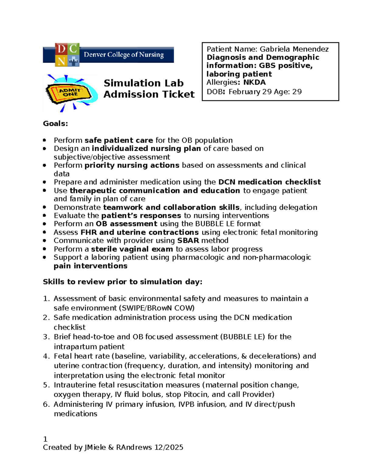 GBS Simulation Lab Admission Ticket for Patient Care Planning - Studocu