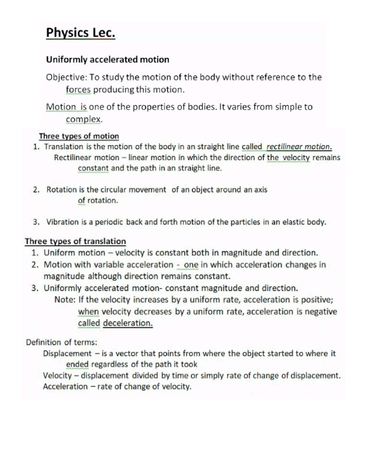Physics for Engineers: Lecture on Uniformly Accelerated Motion - Studocu
