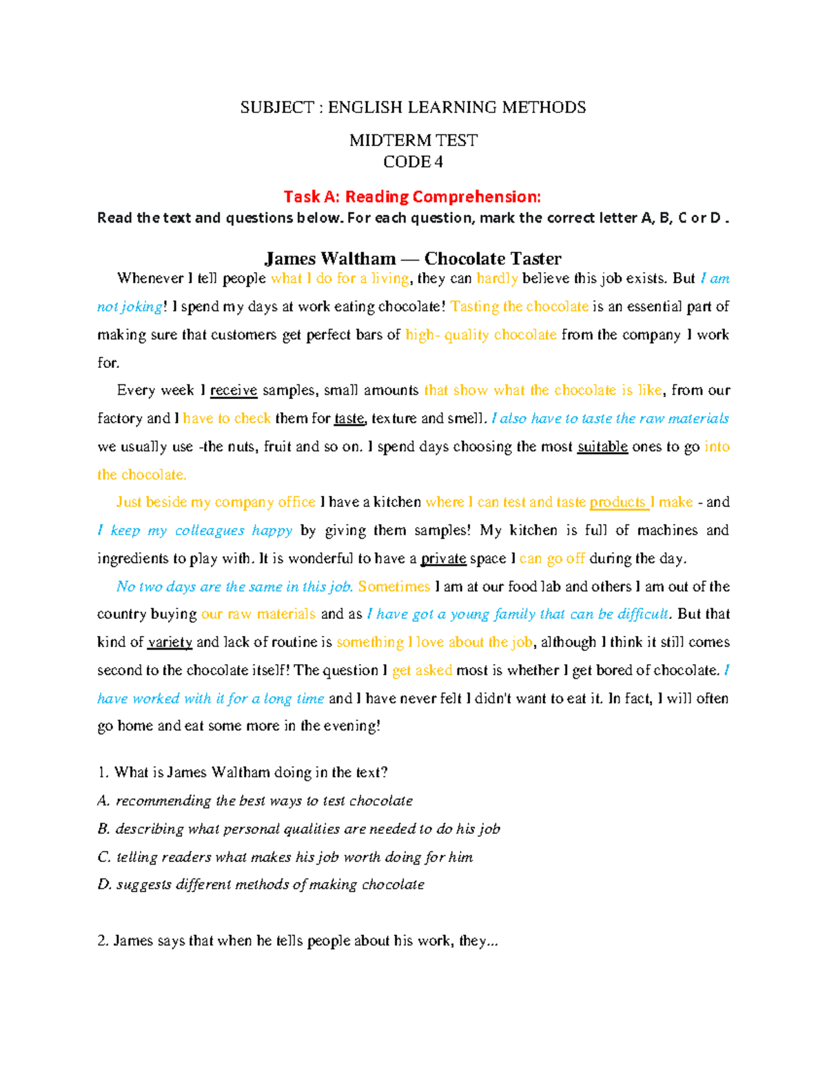 Midterm Test 4 - English Learning Methods: Reading Comprehension Focus ...