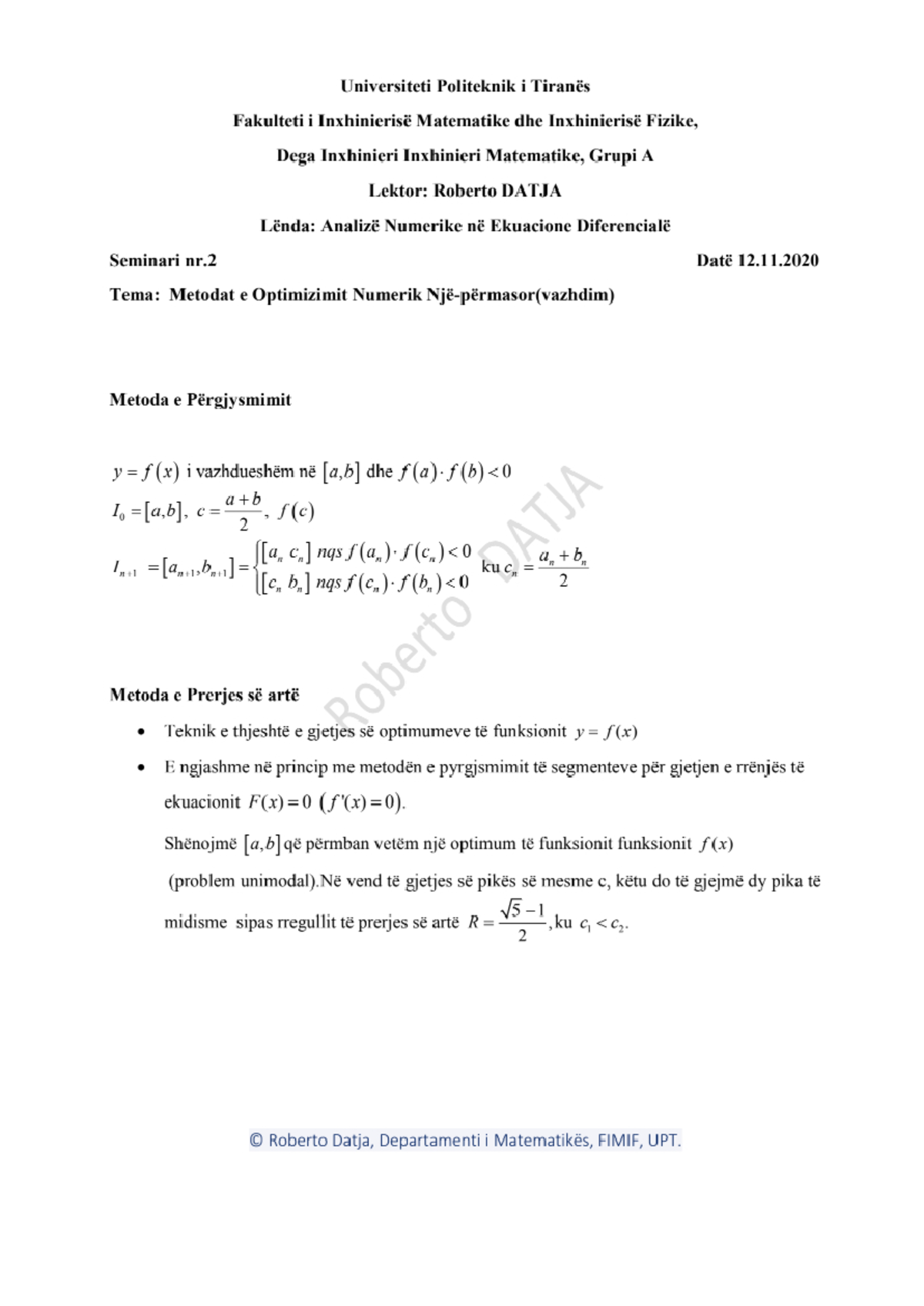 Seminari nr.2 dhe nr.4: Metodat e Optimizimit në Analizë Numerike (EDP ...