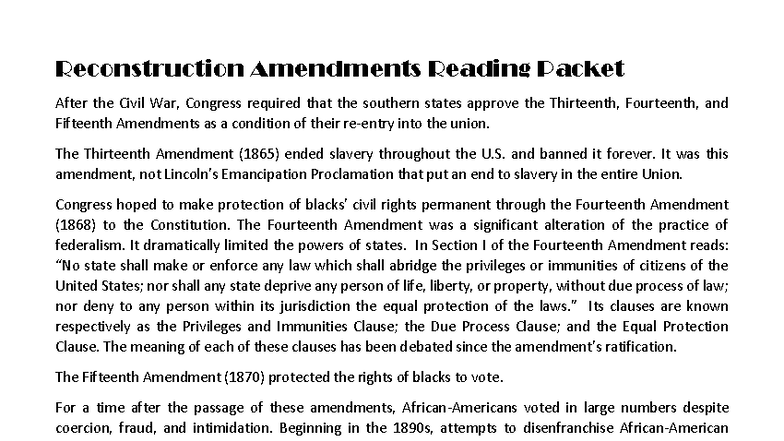 Reconstruction Amendments Reading Packet: Thirteenth to Fifteenth ...