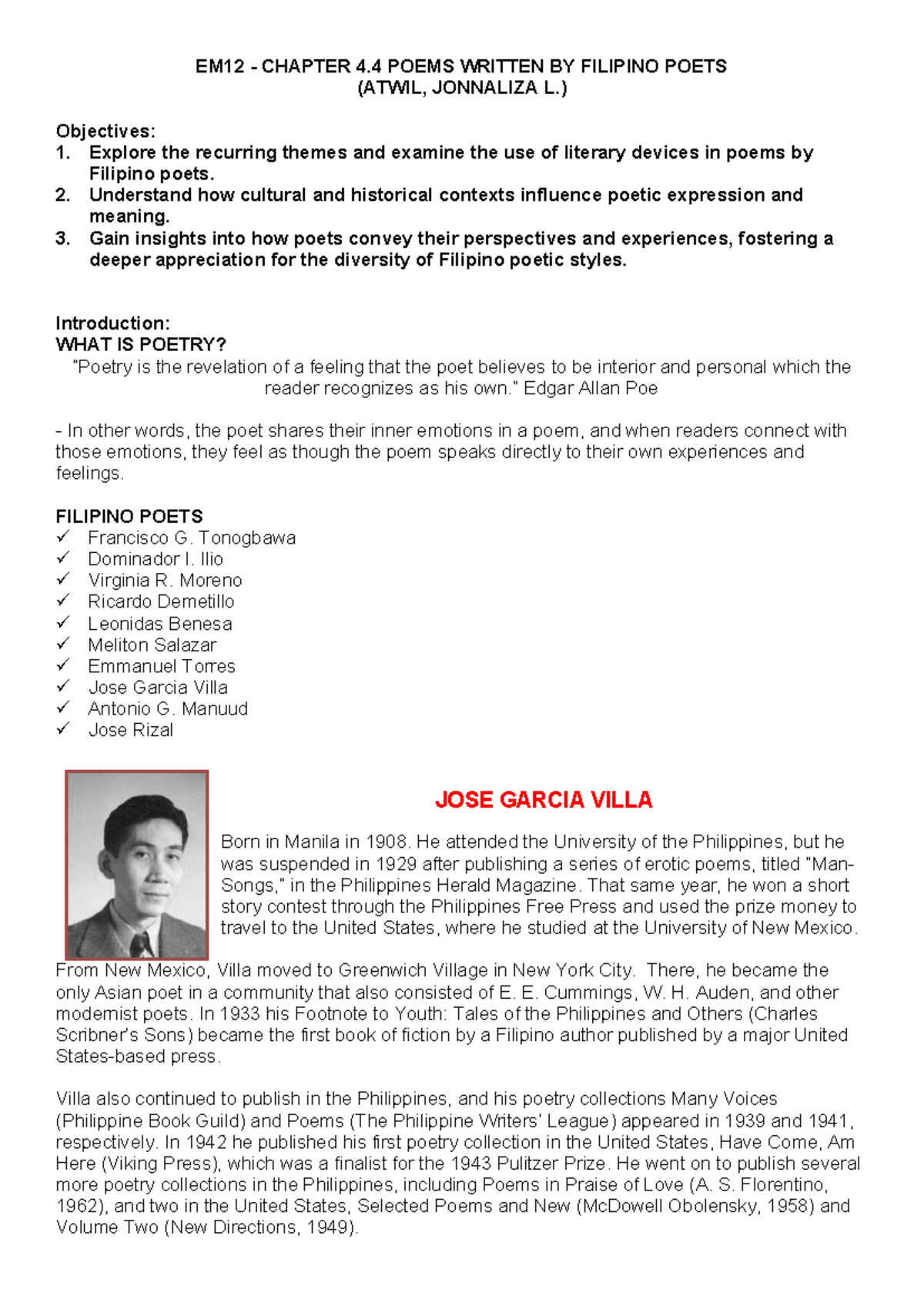 EM12 - CHAPTER 4.4: ANALYSIS OF POEMS BY FILIPINO POETS - Studocu