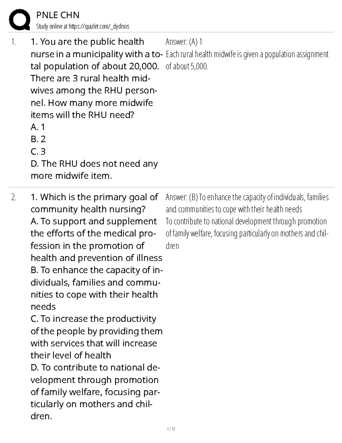 PNLE CHN Practice Test Guide for Community Health Nursing - Studocu