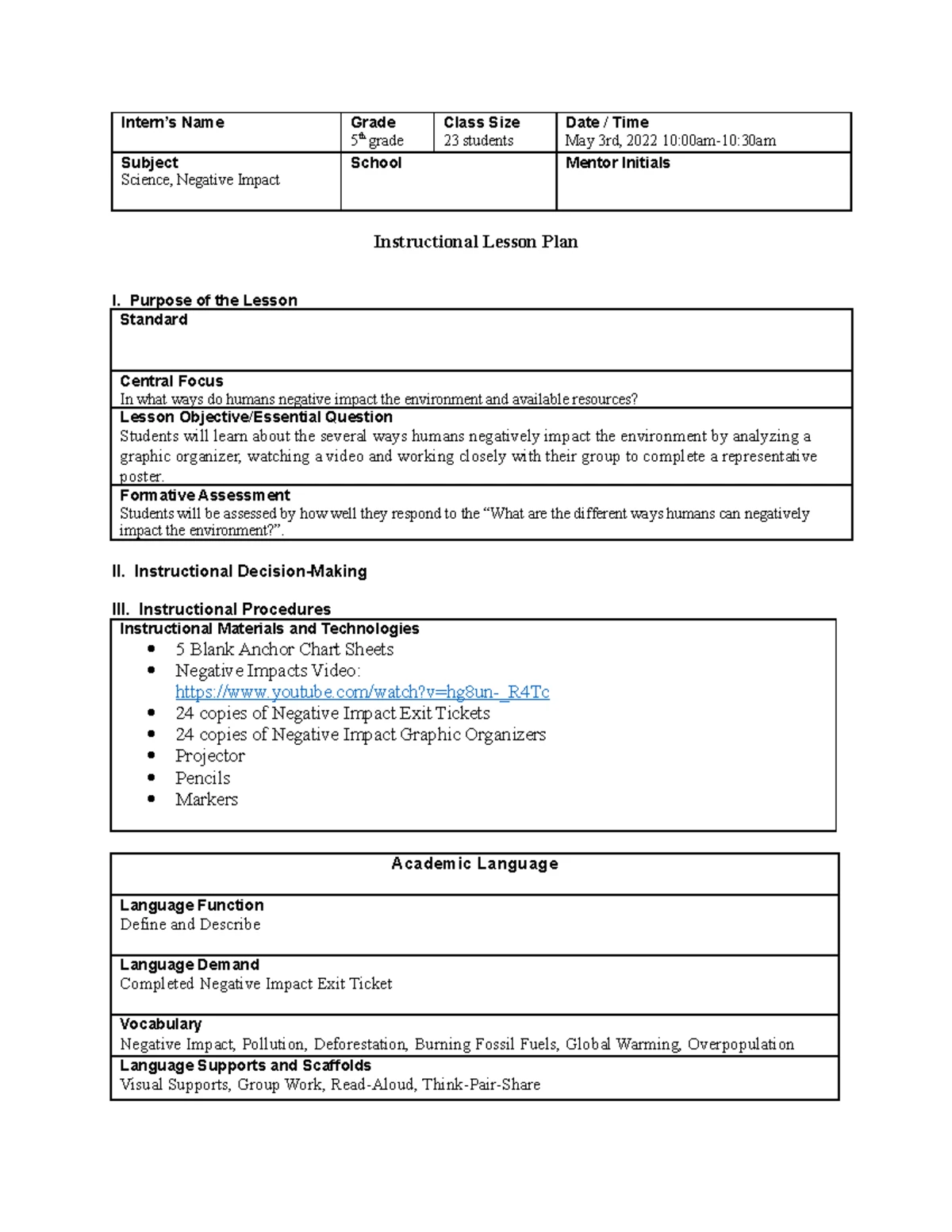 Deep Dive 32 ELA - Instructional Lesson Plan Intern’s Name Grade 5 th ...