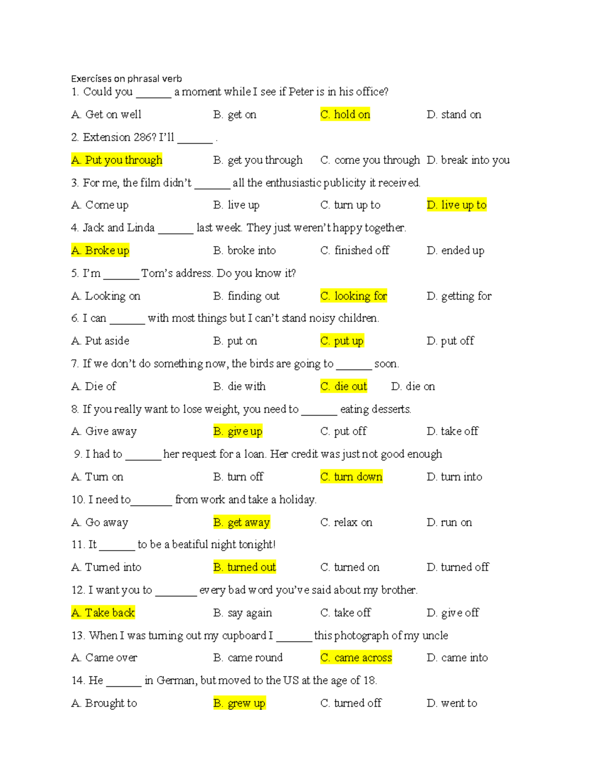 Anh 12 Phrasal Verb Exercises for Language Practice - Studocu