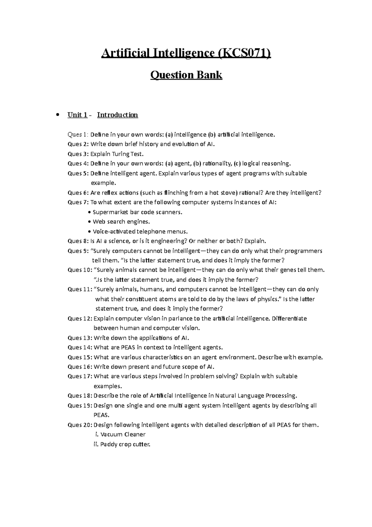 Artificial Intelligence Question Bank - Artificial Intelligence (KCS071 ...