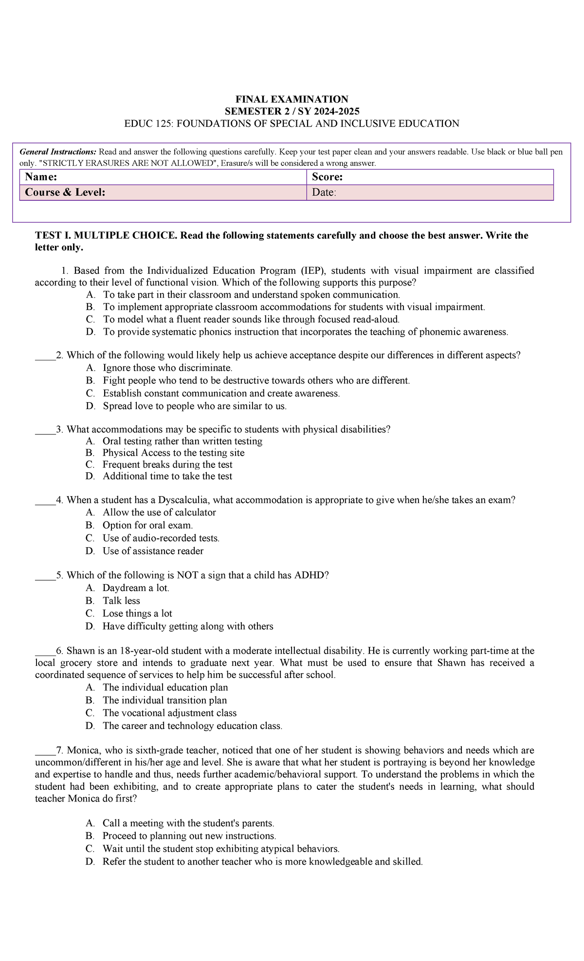 EDUC 125: Final Exam on Foundations of Special & Inclusive Education ...