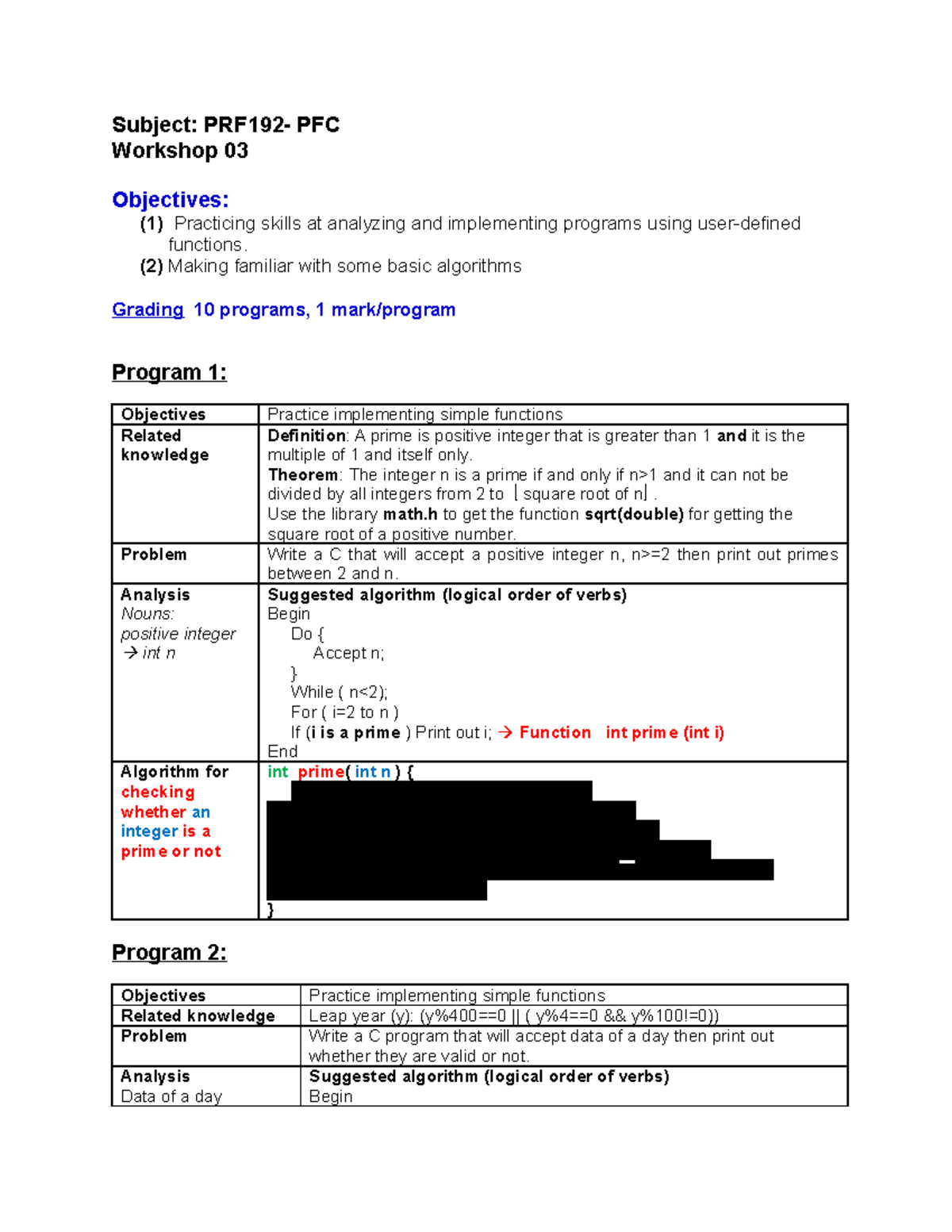 PRF192 - Workshop 03: Implementing C Functions & Algorithms - Studocu