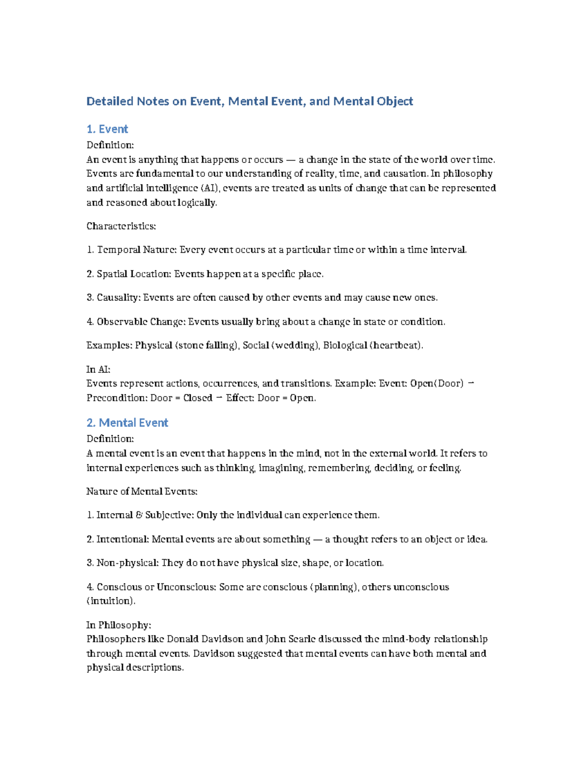 Event, Mental Event, and Mental Object: Key Concepts Explained - Studocu