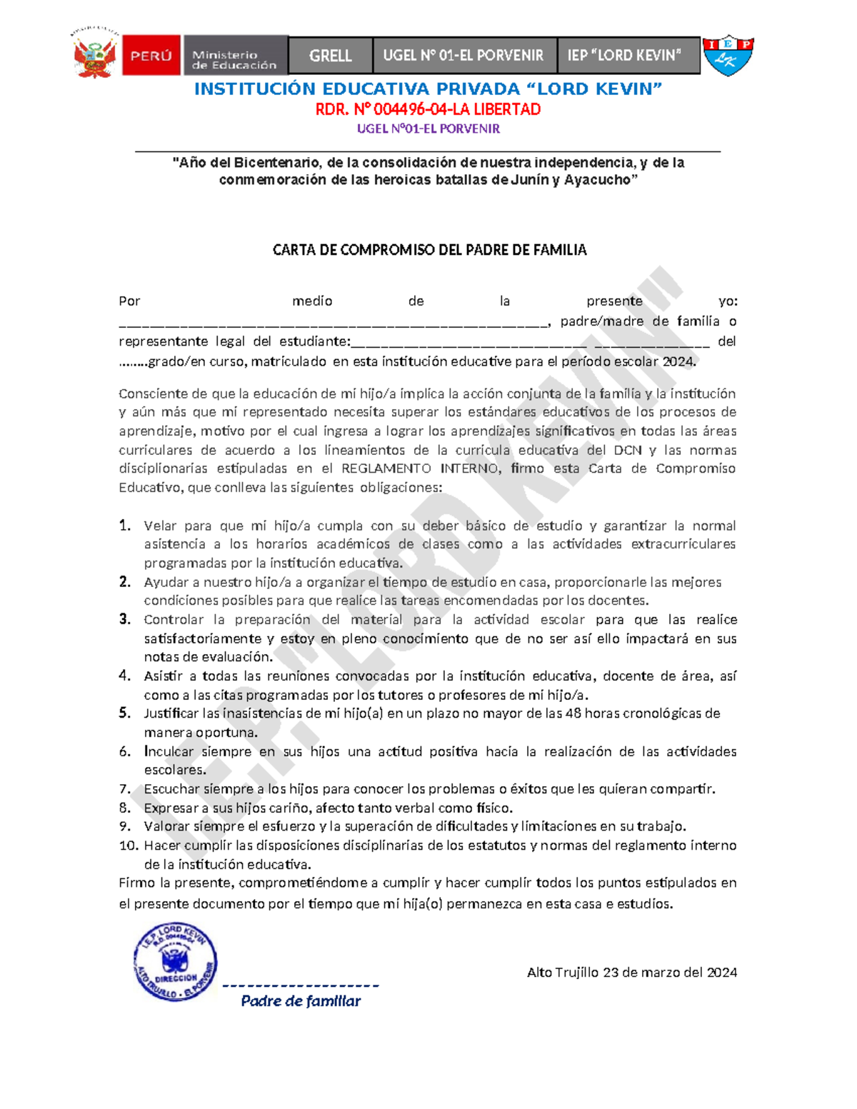 Carta DE Compromiso DEL Padre DE Familia - GRELL UGEL N° 01-EL PORVENIR ...