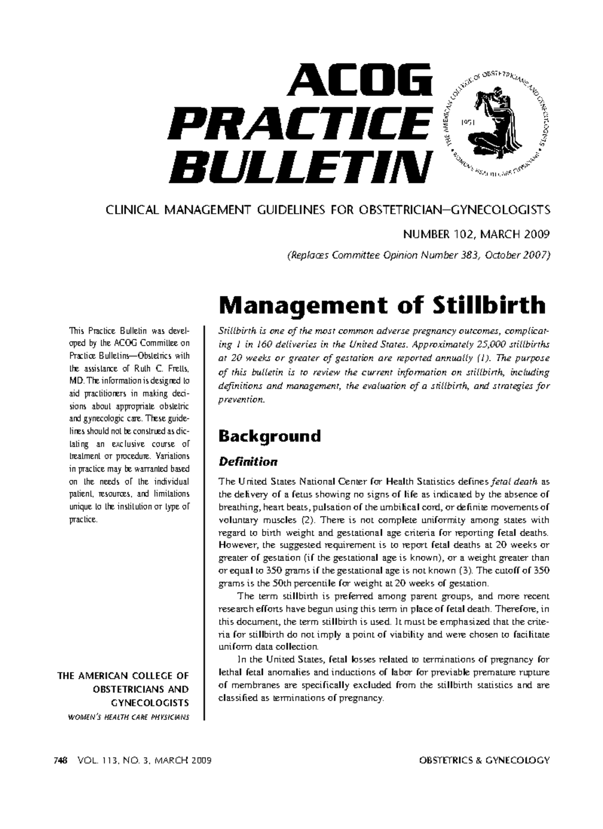 ACOG Practice Bulletin No. 102: Comprehensive Guide on Stillbirth ...