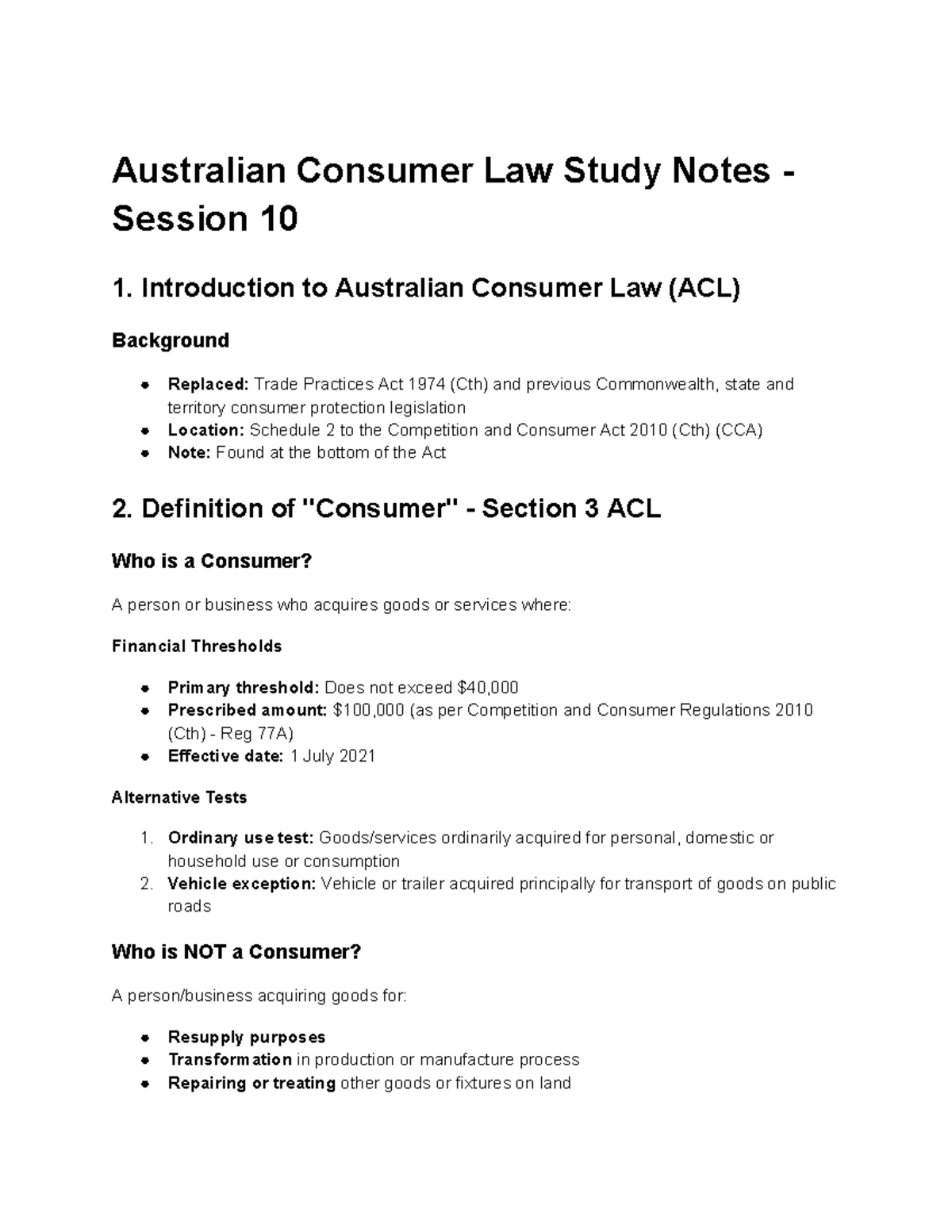 Australian Consumer Law Study Notes - Session 10 Overview - Studocu