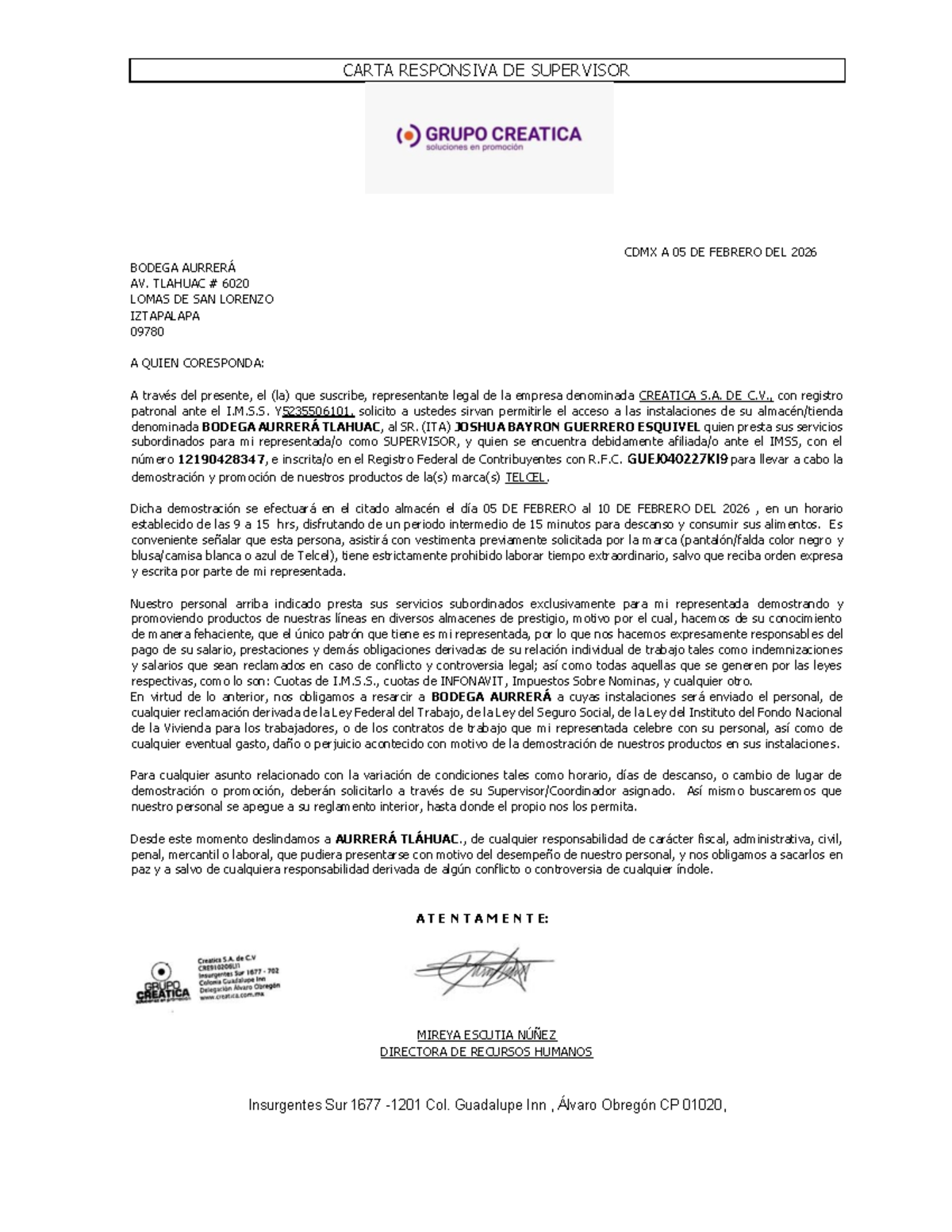 CARTA RESPONSIVA DE SUPERVISOR PARA BODEGA AURRERÁ CDMX 2026 - Studocu