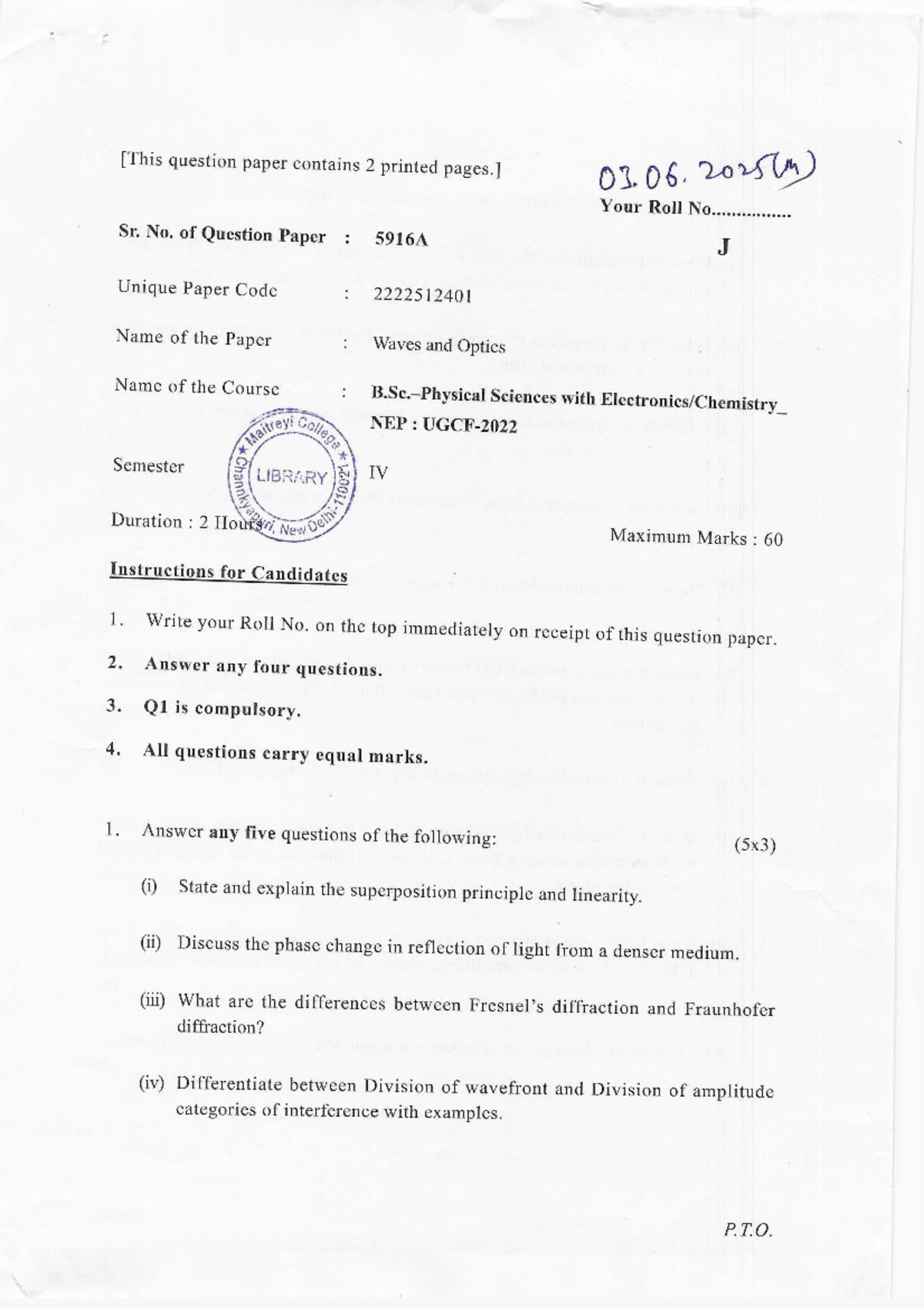 Waves and Optics - Question Paper (Course Code: 5916A) - Studocu