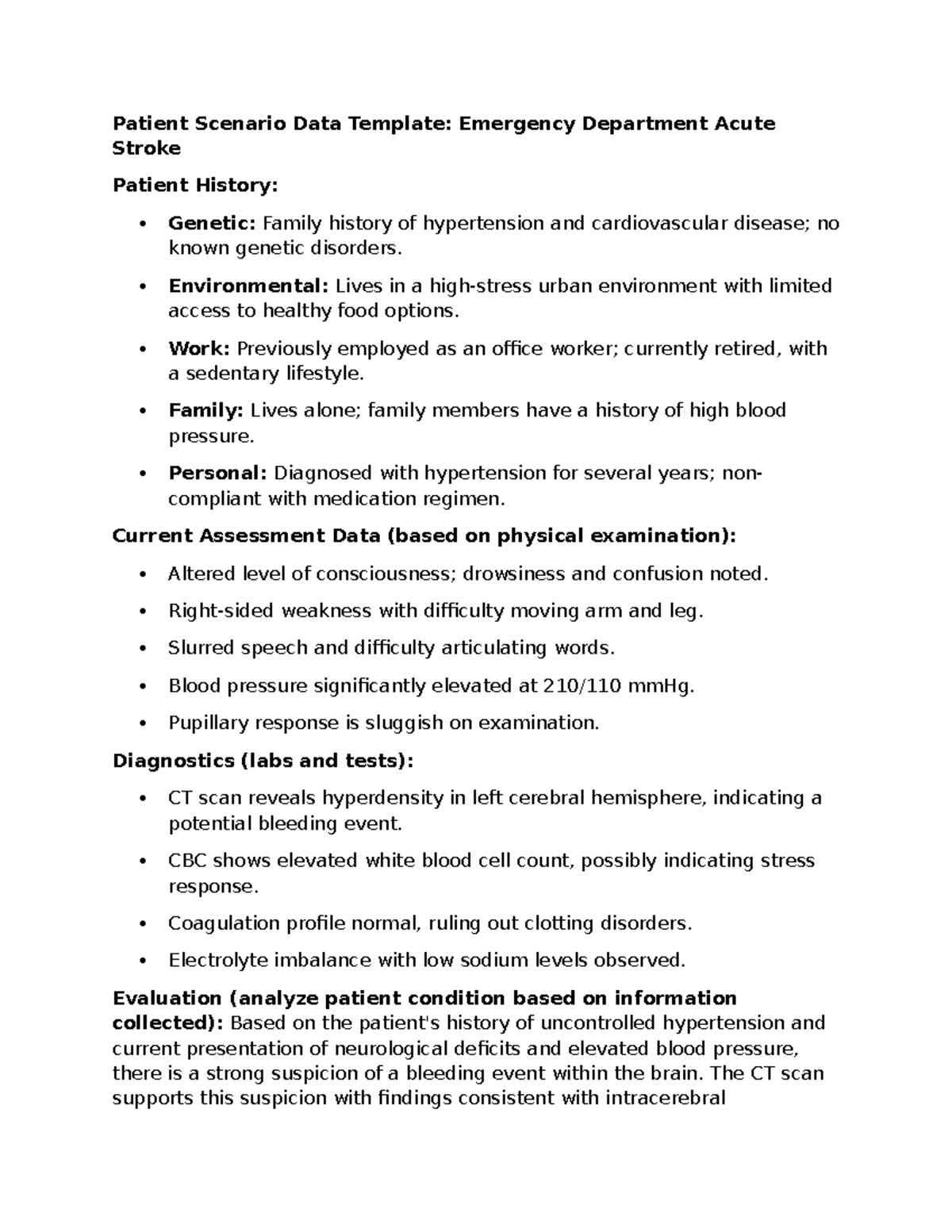 Patient Scenario Data: ED Acute Stroke Case Study Template - Studocu