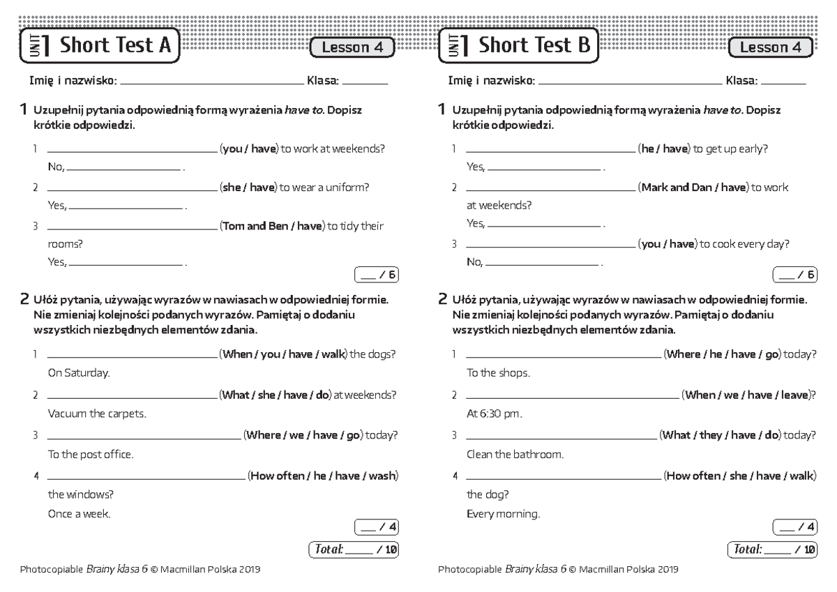 Brainy kl6 Short Tests Unit 1 Lesson 4 Review and Exercises - Studocu