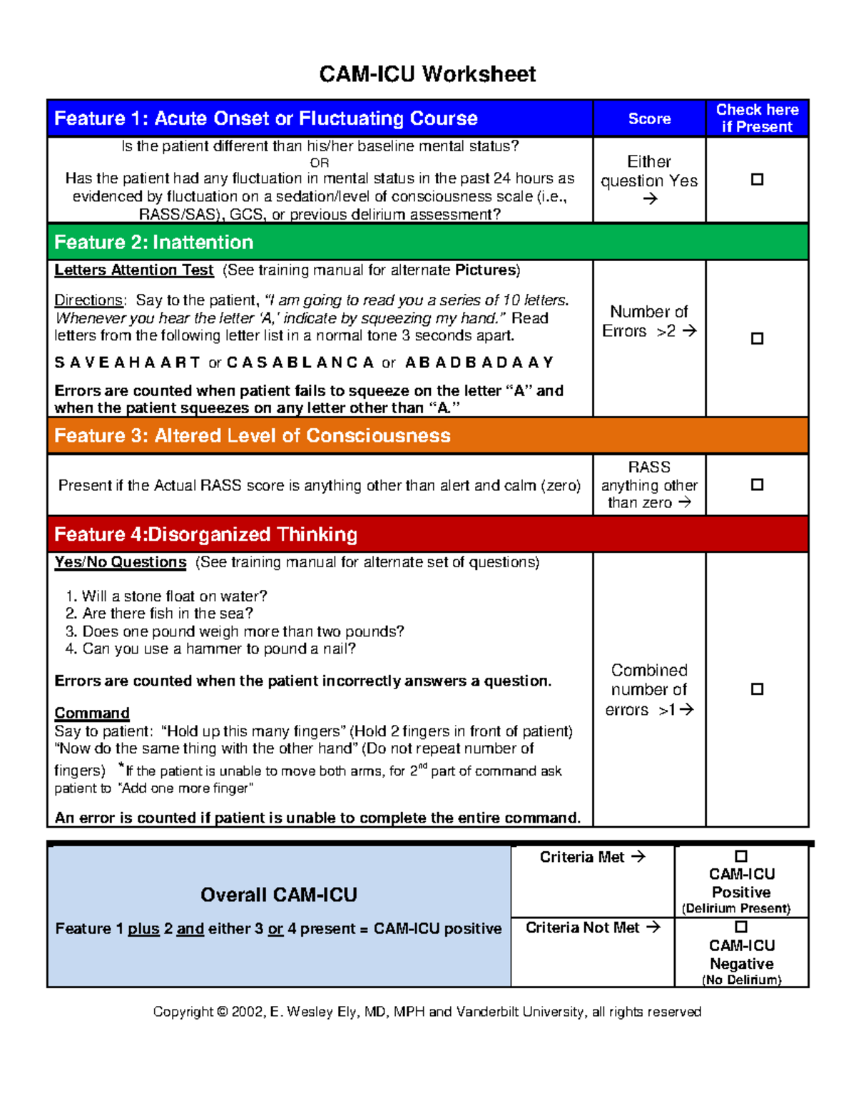 ICU worksheet 07/23 - CAM-ICU Worksheet Feature 1: Acute Onset or ...