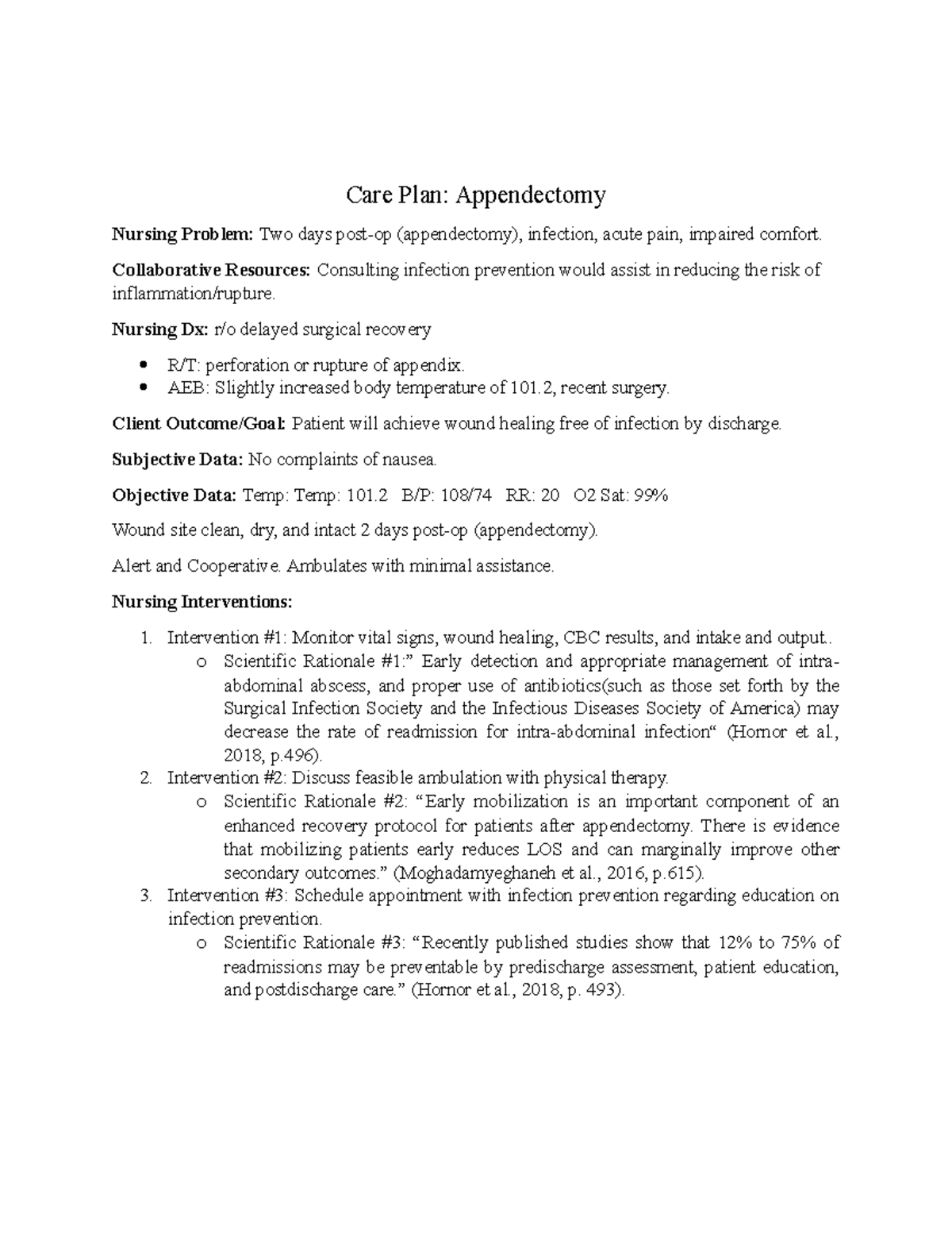 Care Plan: Appendectomy Nursing Interventions and Outcomes - Studocu