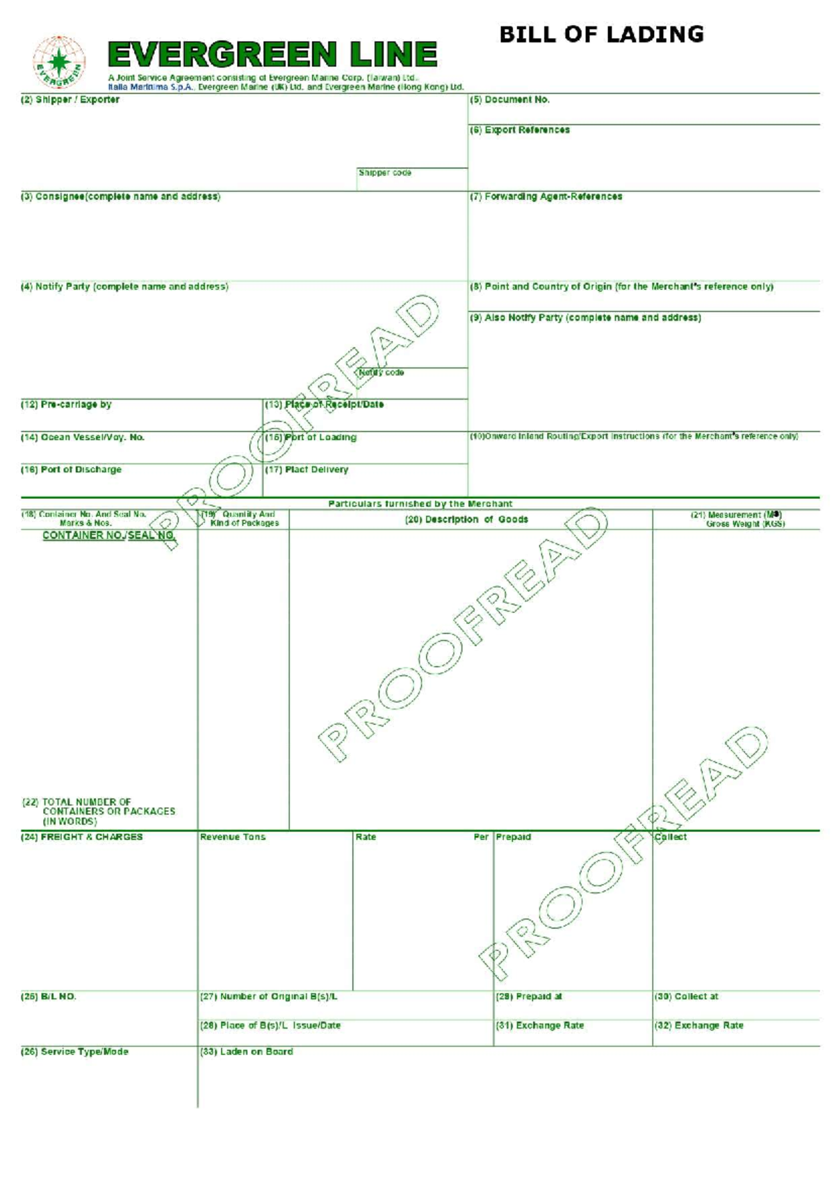 BILL OF LADING - EVERGREEN LINE JOINT SERVICE AGREEMENT - Studocu