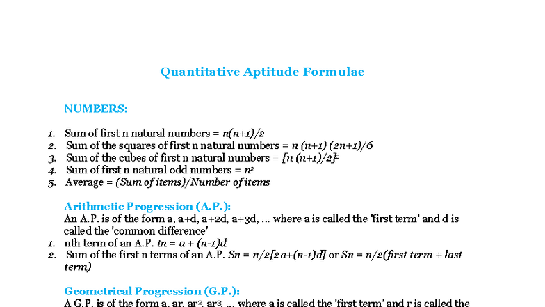 Quantitative Aptitude Formulae for Competitive Exams - Studocu