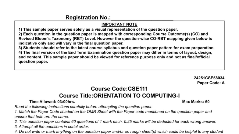 CSE111 24251CSE58034 - End Term Exam Sample Question Paper - Studocu