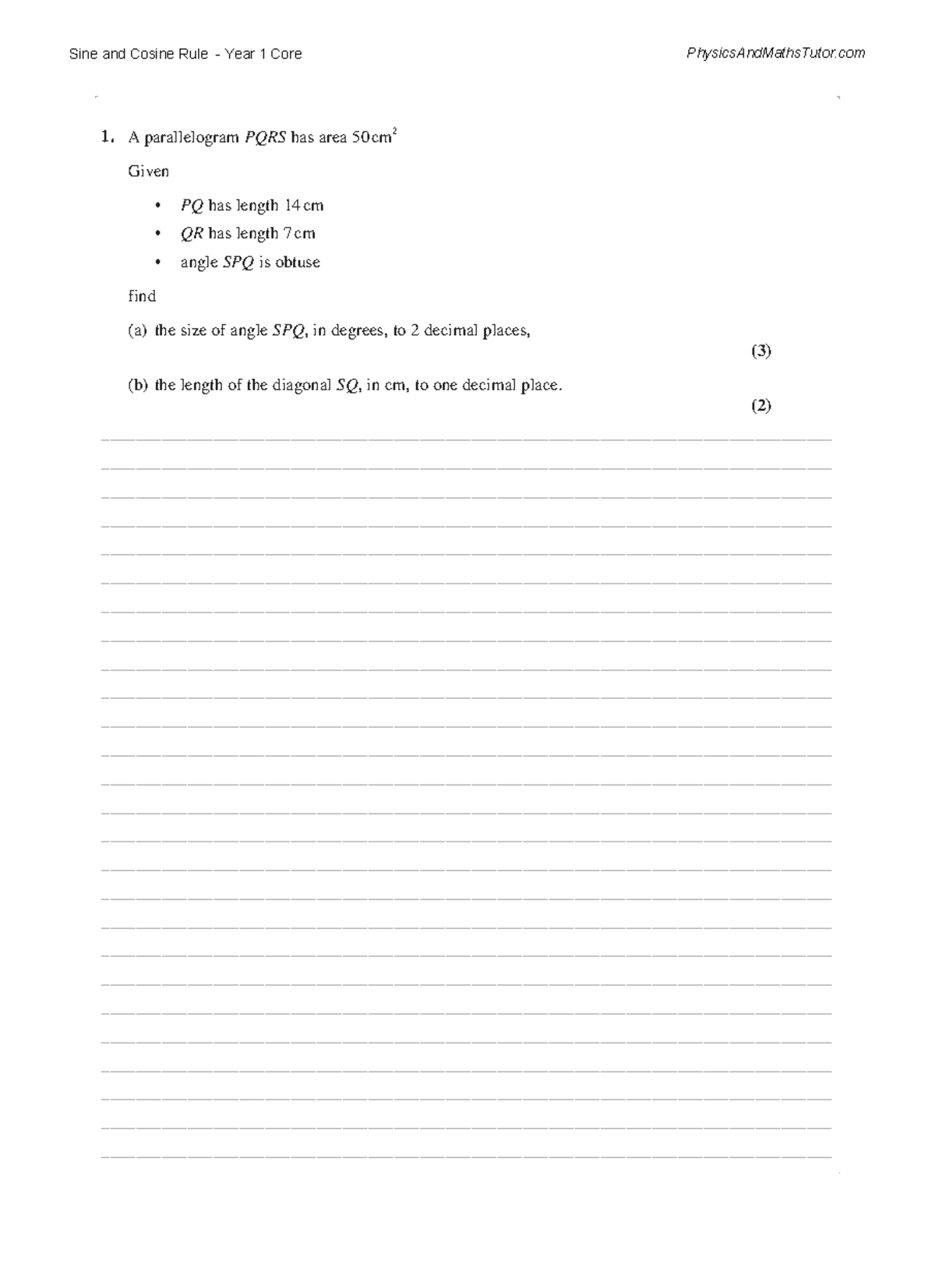 Sine and Cosine Rule QP - Year 1 Physics & Maths Tutor Exam Questions ...