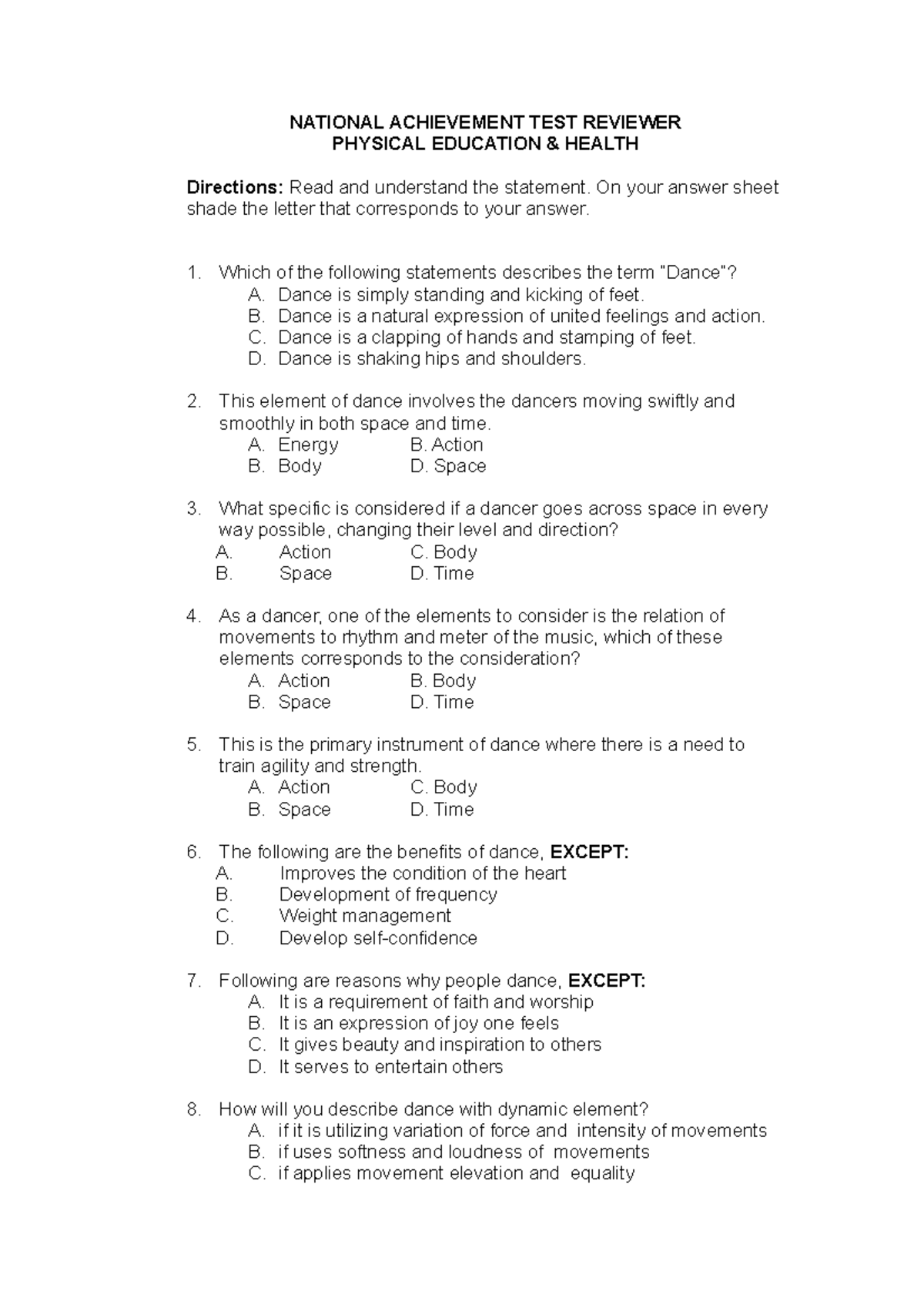 NAT Reviewer IN Physical Education - NATIONAL ACHIEVEMENT TEST REVIEWER ...