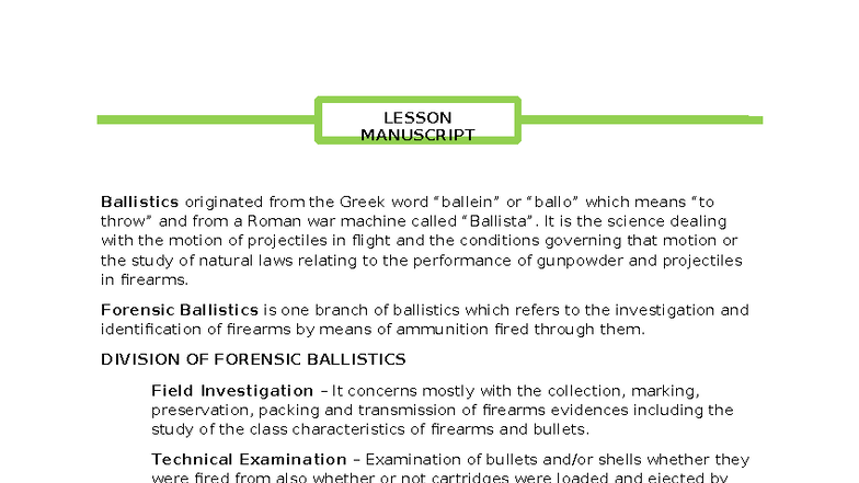 Forensic Ballistics and Firearms Identification (7-FI) Lesson Notes ...