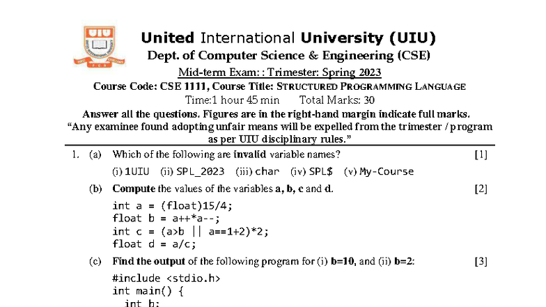 CSE1111 Midterm 231: Structured Programming Language Questions - Studocu