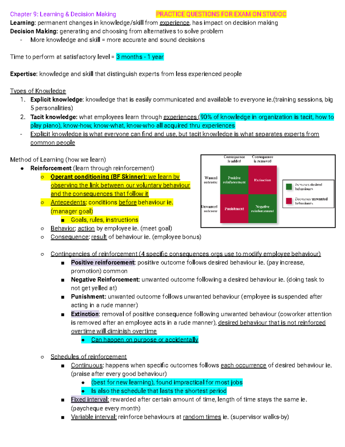ORG Behaviour final notes - Chapter 9: Learning & Decision Making ...