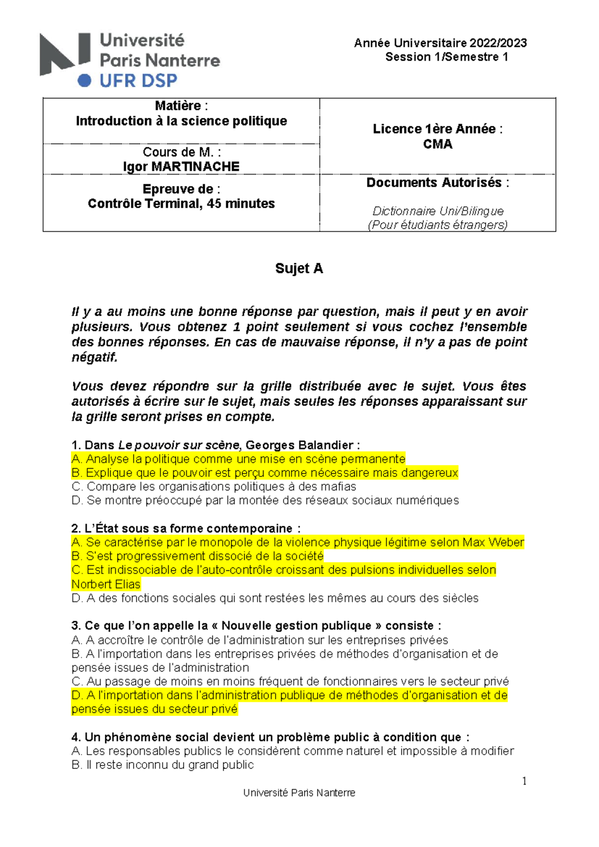 QCM Corrigé L1 Droit/Sciences Po - Sujet A (Introduction à la Science ...