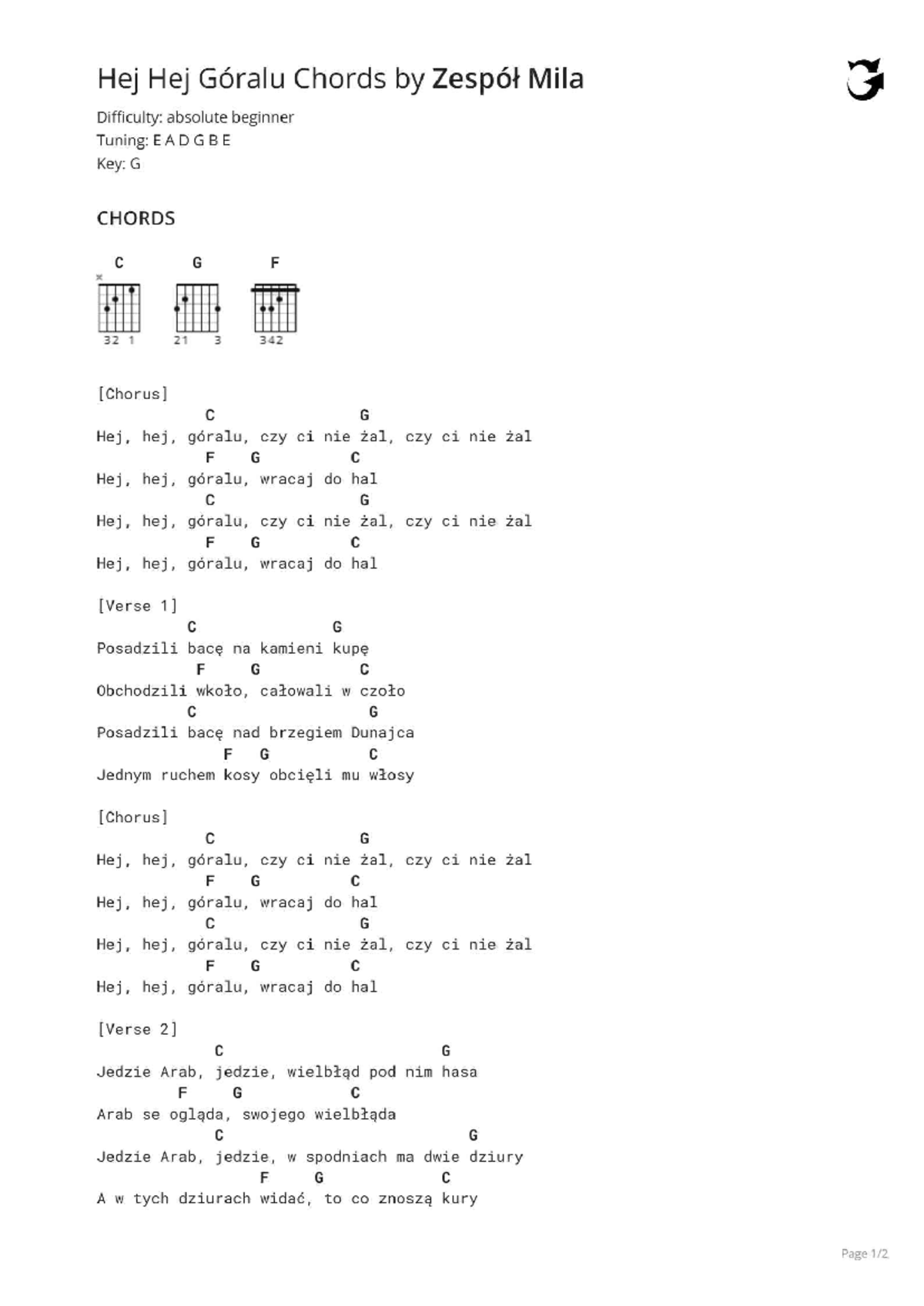 Hej Hej Góralu Chords - Absolute Beginner Level (EADGBE) - Studocu