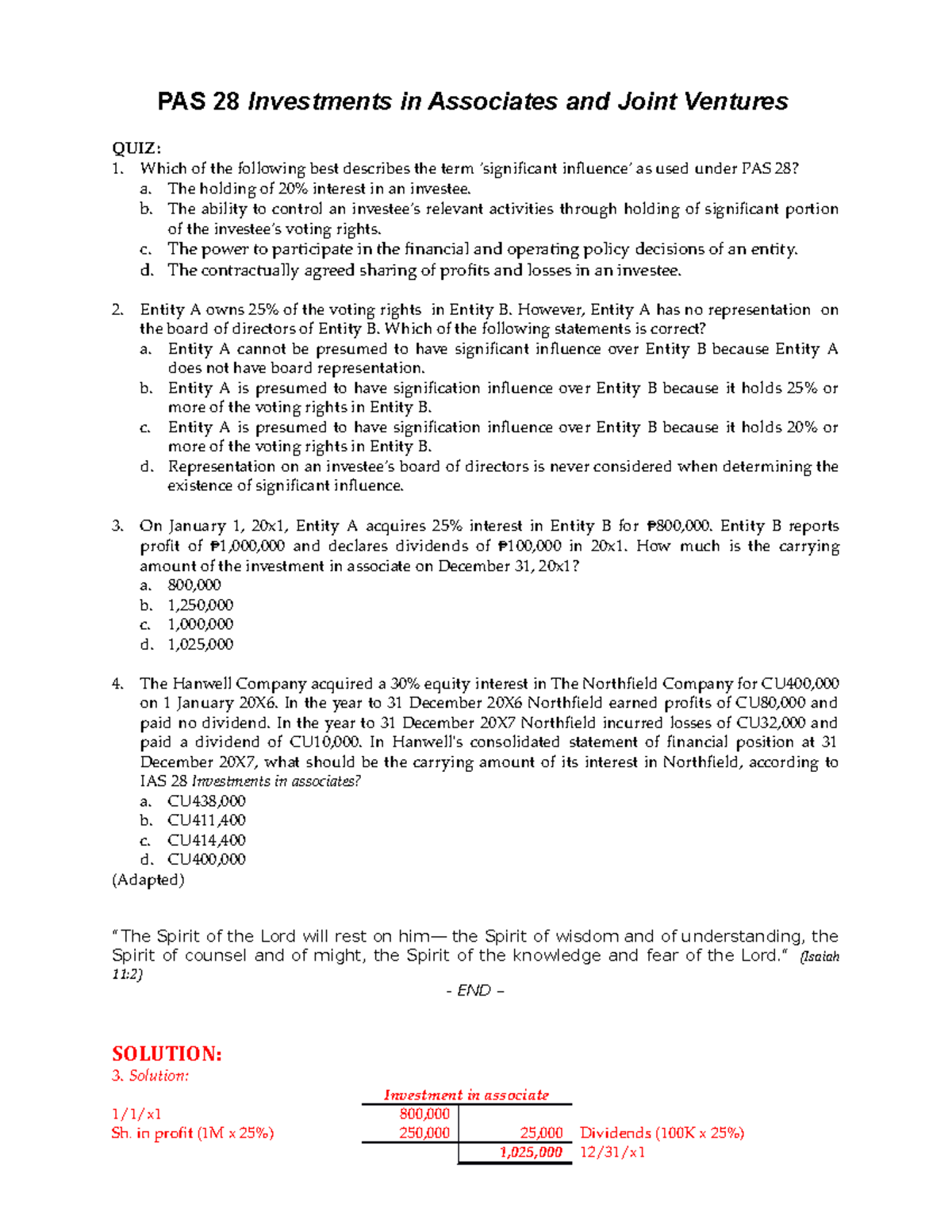QUIZ PAS 28 printing Investments IN Assoc. & JV - PAS 28 Investments in ...