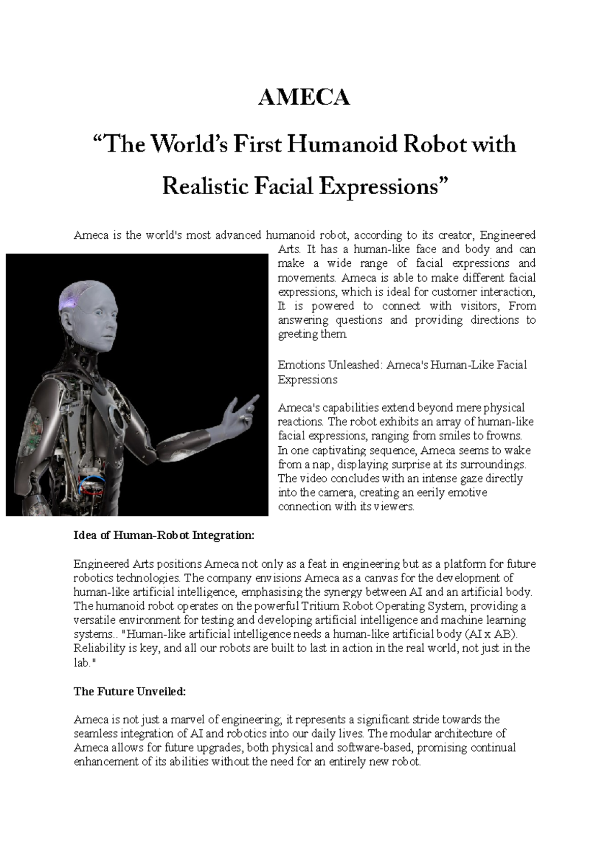 Ameca: The Advanced Humanoid Robot Transforming AI Interactions - Studocu
