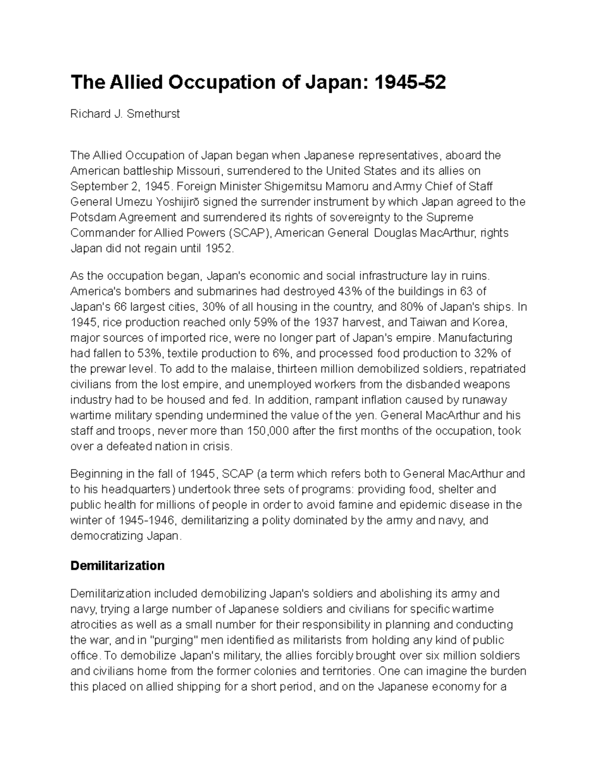 The Allied Occupation of Japan (1945-1952): A Historical Analysis - Studocu